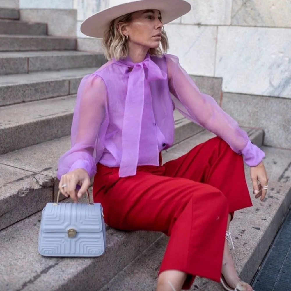Zara | Tops | Zara Semisheer Organza Blouse Top W Bow Tie Puff Sleeve ...